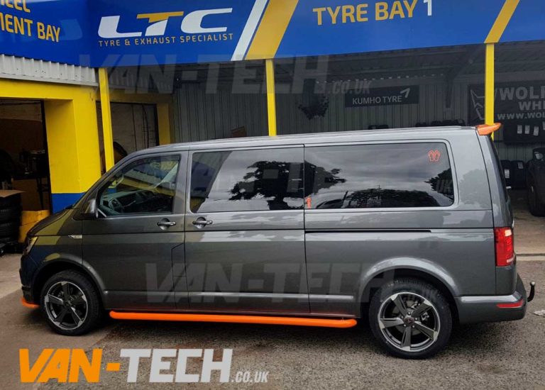 VW Transporter T6 fitted with colour coded orange side bars front ...