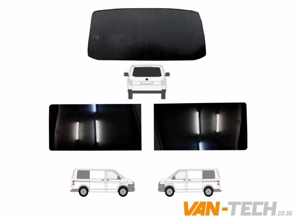 VW T5 T5.1 Privacy Glass Fixed 2 x LWB Fixed Rear & Tailgate Window